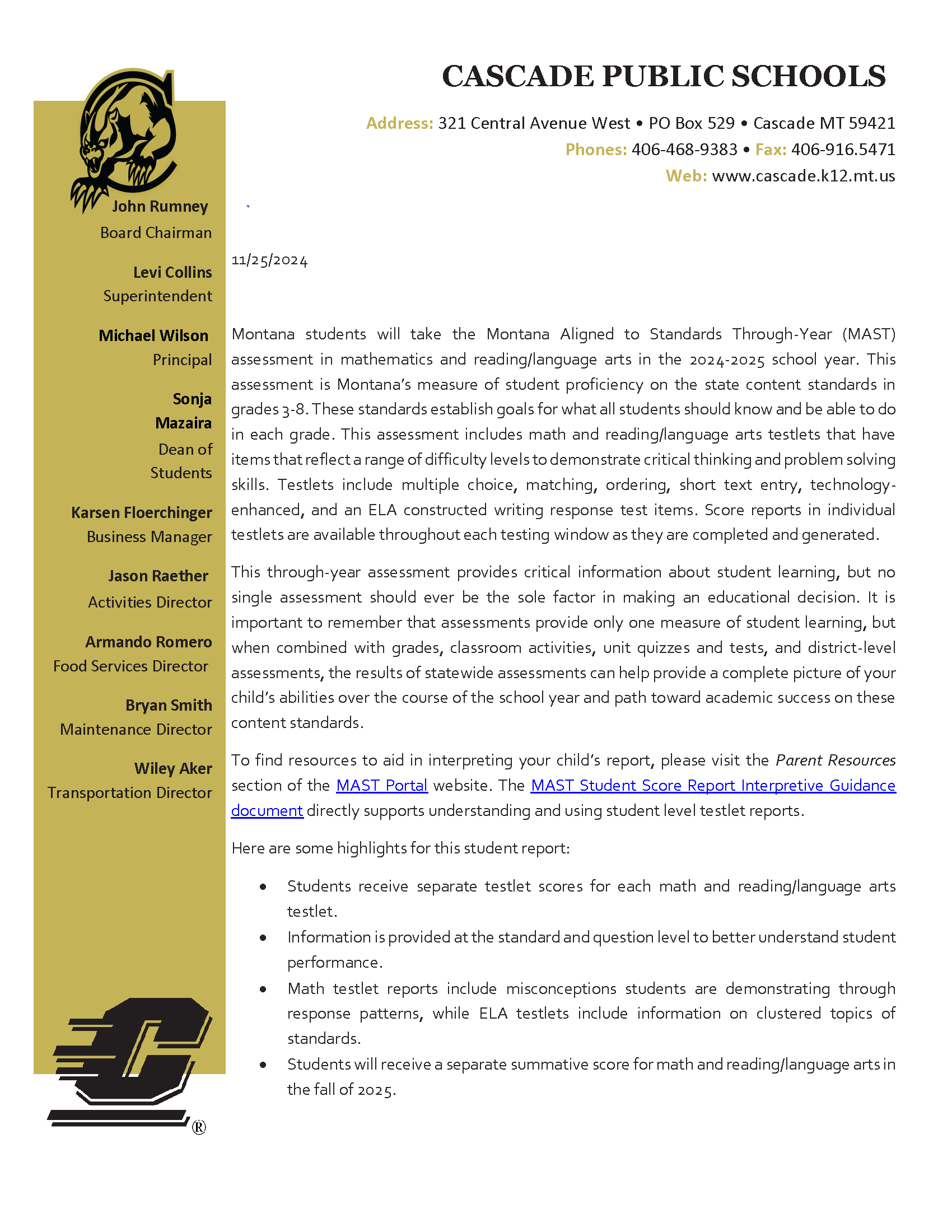 MAST Testing Results Parent Letter • News - CASCADE PUBLIC SCHOOLS MT ...